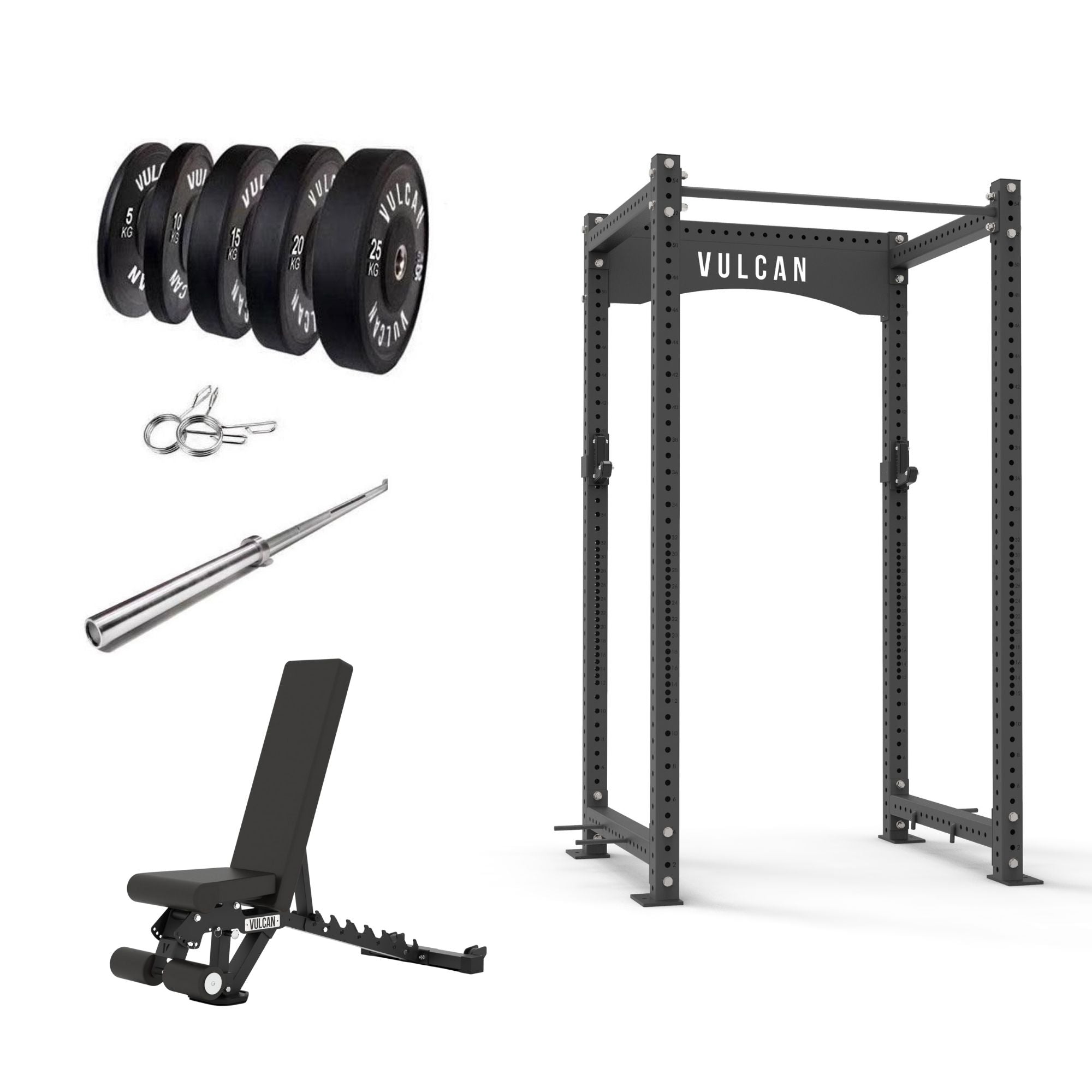 VULCAN Atlas Power Rack, Olympic Barbell, 150kg Black Bumper Weight Pl